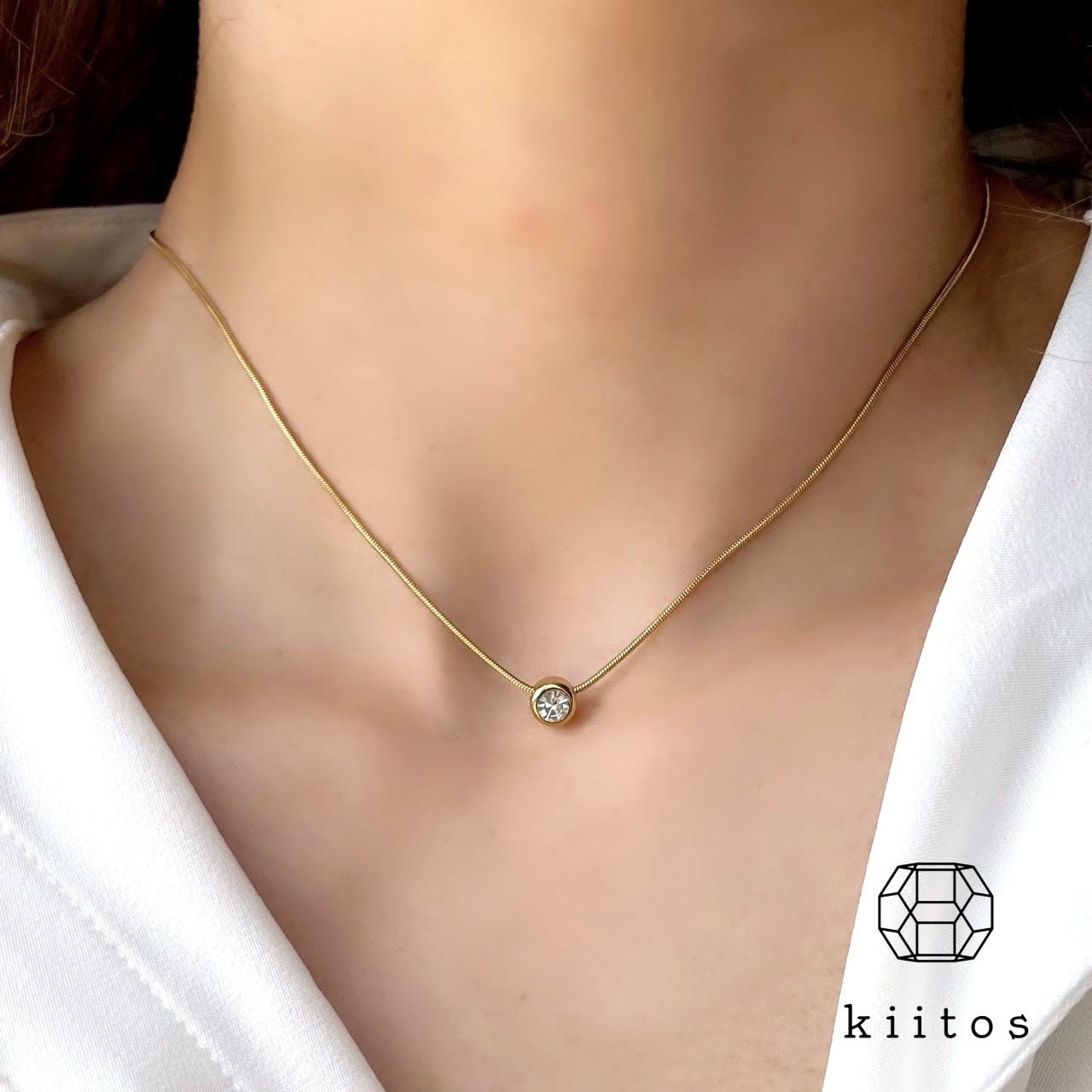 つけっぱなし！OK♪ 316L サージカルステンレス CZ ダイヤモンド 1粒 ベゼル スネークチェーン ネックレス 金属アレルギー対応 ステンレス - kiitos お肌に優しい金属 ...