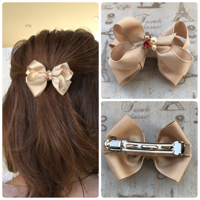 candy*bow(mini)/ビジュー/バレッタ【BE】 | ハンドメイドマーケット minne